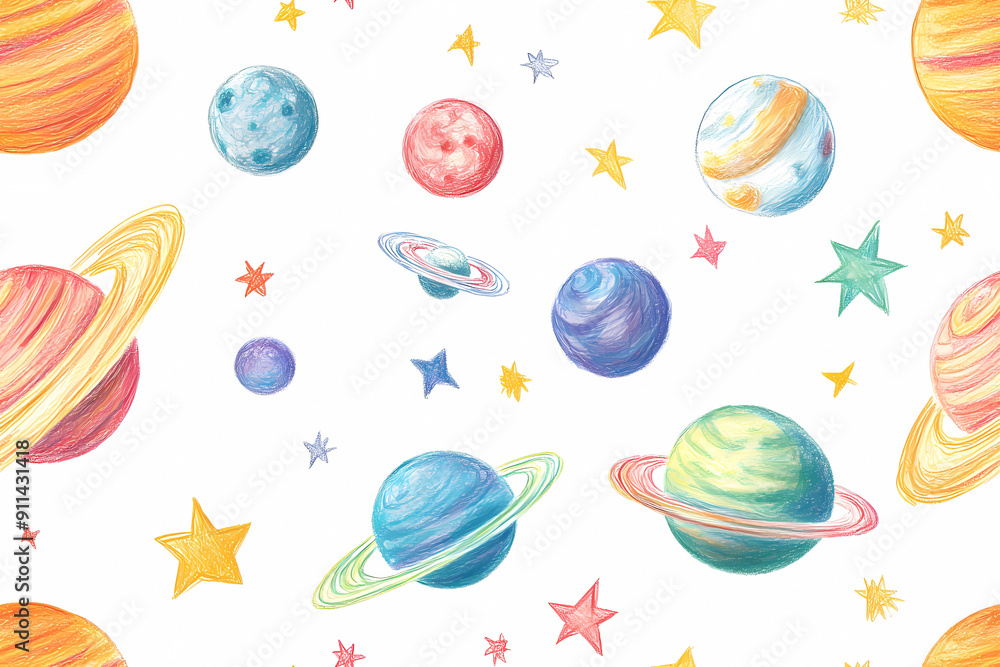 seamless pattern of planets and stars. colored pencil illustration of ...