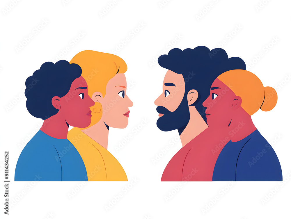 Four diverse people facing each other in profile, representing ...