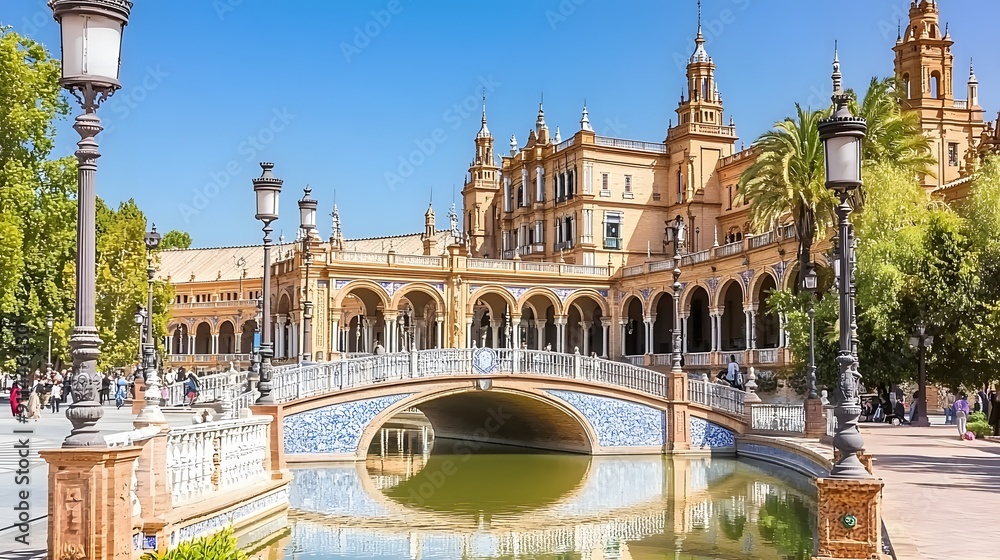 Plaza de España in Seville The grand Plaza de España features a semi ...