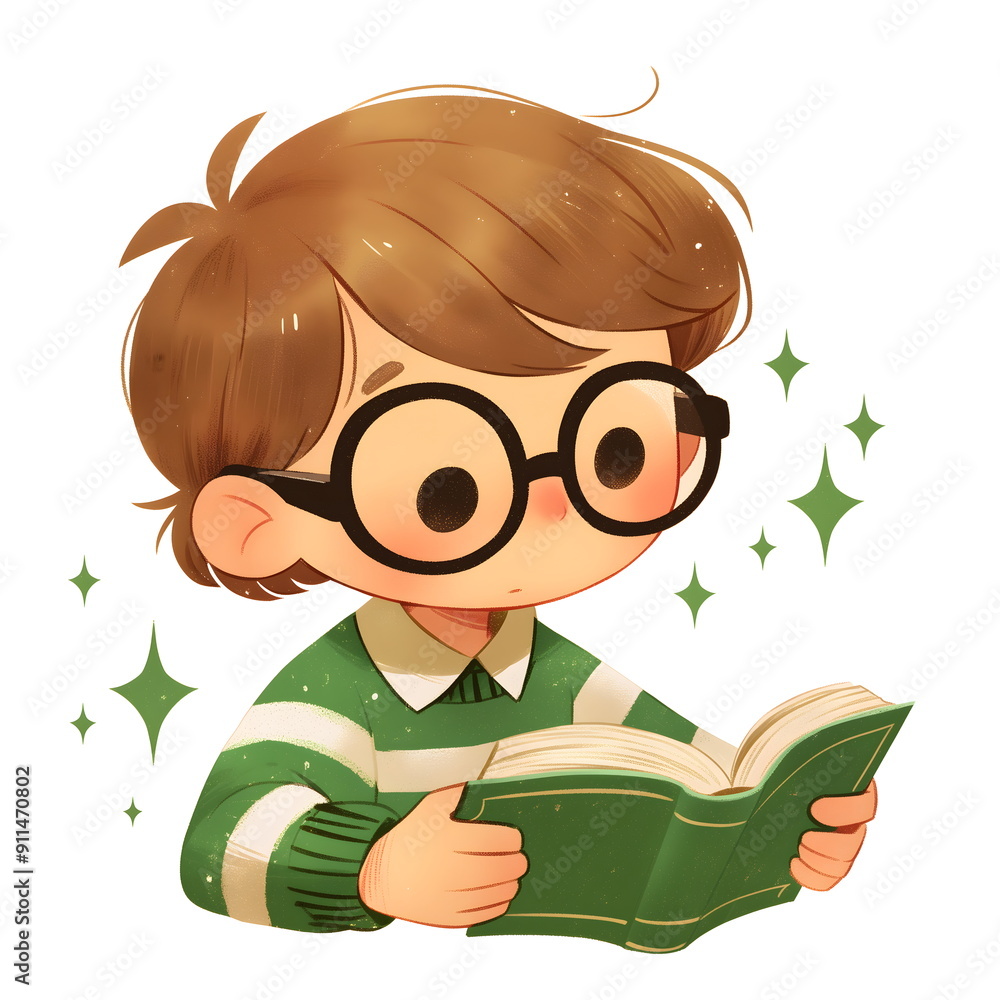 Cute little boy reading a book. Isolated on white background. For kids ...