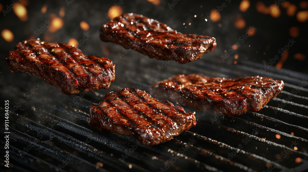 Grilled beef steaks, realistic 3d brisket flying in the air, grilled ...