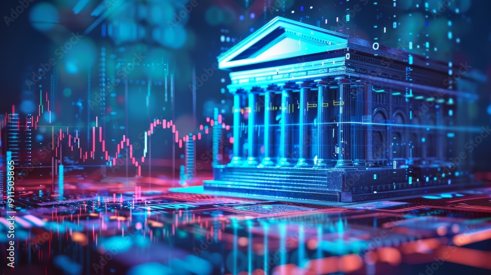 Bank icons and financial graphs merging in a realistic digital ...