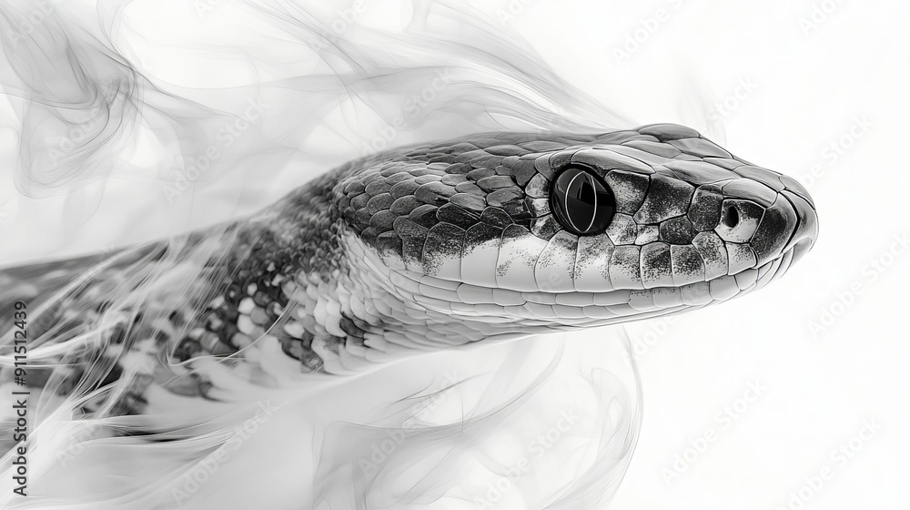 Foto de Stock Gray black and white image of a large coiled snake with a ...