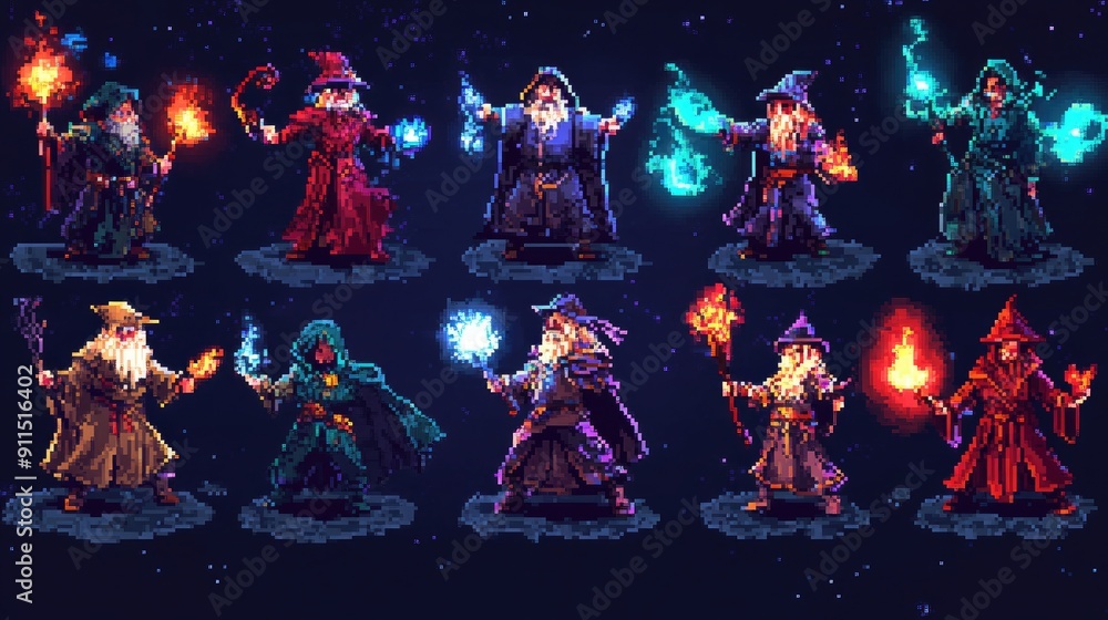 32x32 pixel art wizards casting spells in various poses for a top-down ...