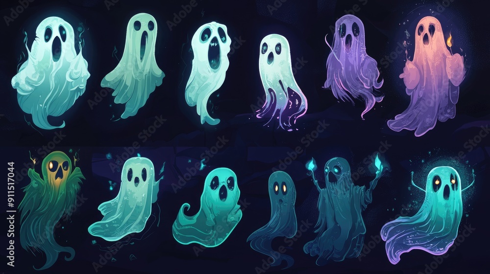 Top-down sprite sheet of 32x32 pixel art ghosts and spirits with ...