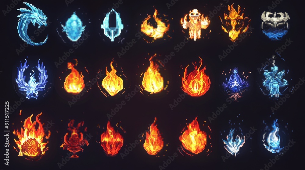 Top-down sprite sheet of 32x32 pixel art elementals (fire, water, earth ...