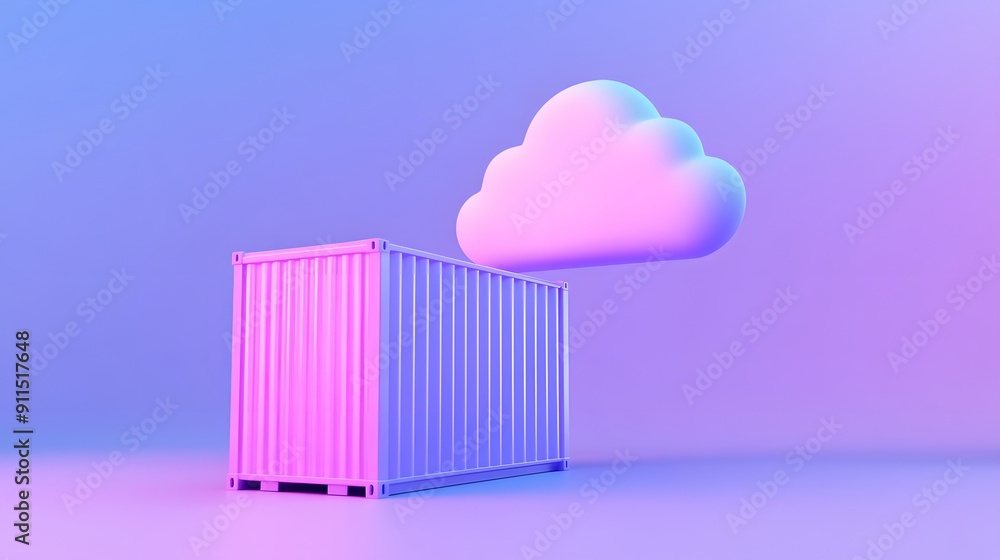 Vibrant 3D cloud and shipping container illustration with soft lighting ...