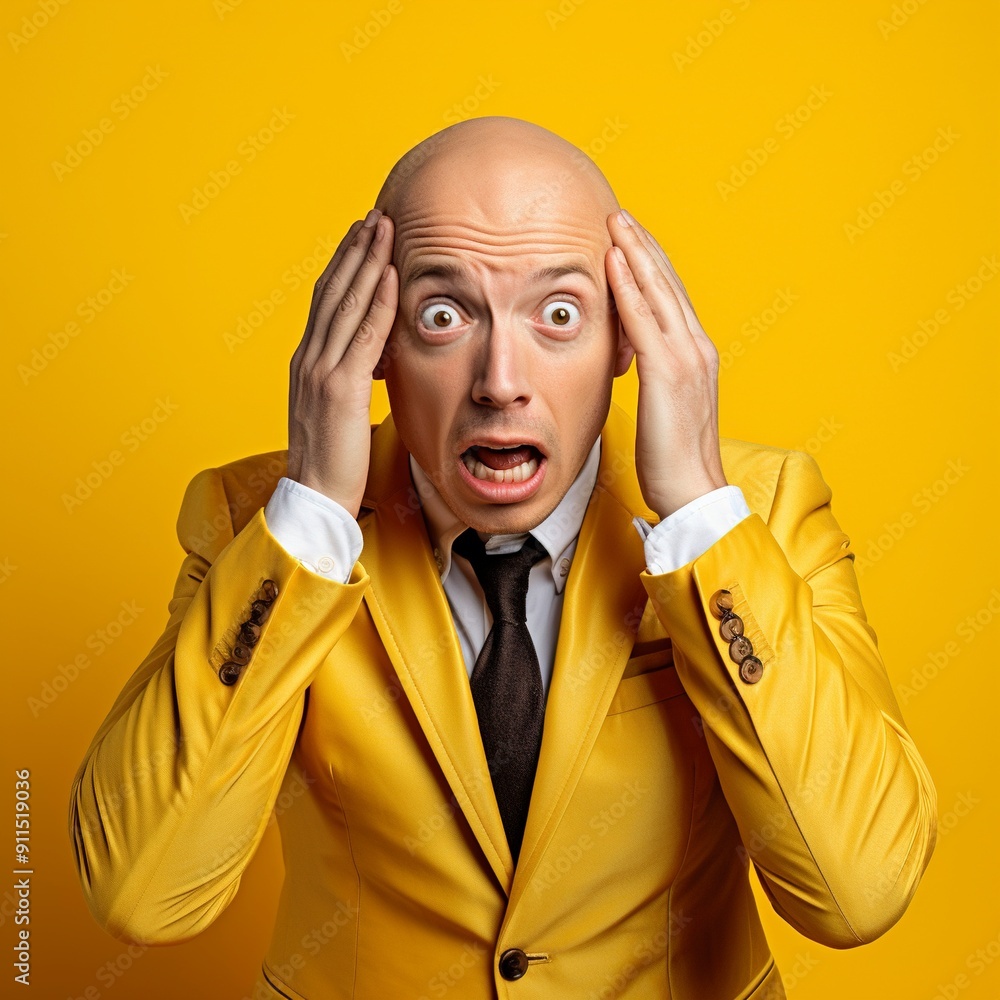 image of a bald man with a panicked expression wearing a yellow coat ...