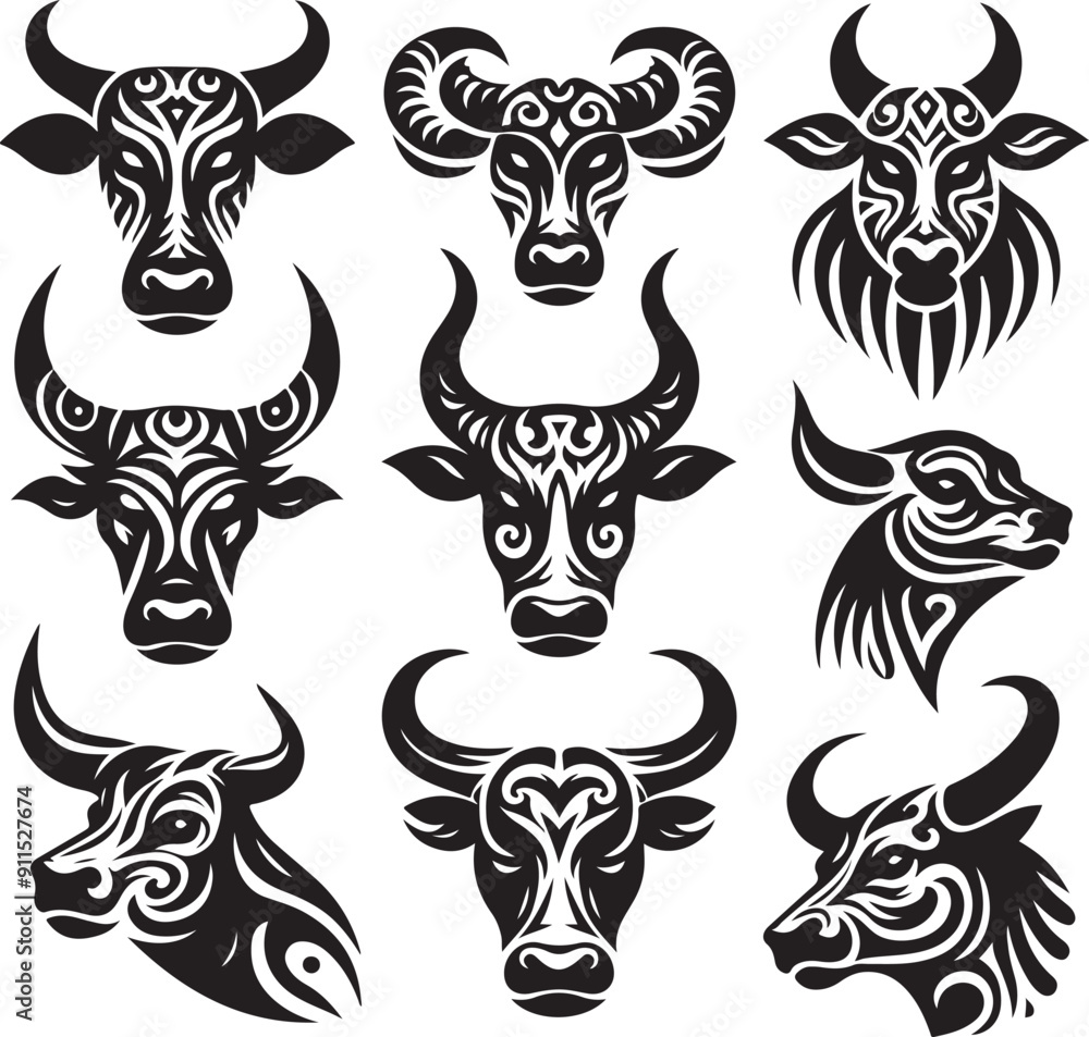 head of a bull Cow face set silhouette, tribal tattoo vector white ...