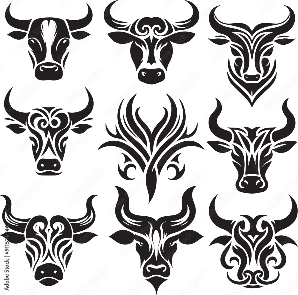 head of a bull Cow face set silhouette, tribal tattoo vector white ...