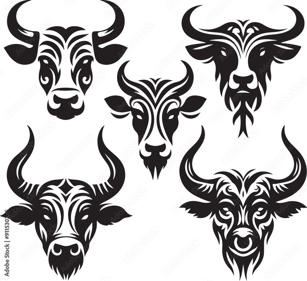 head of a bull Cow face set silhouette, tribal tattoo vector white ...