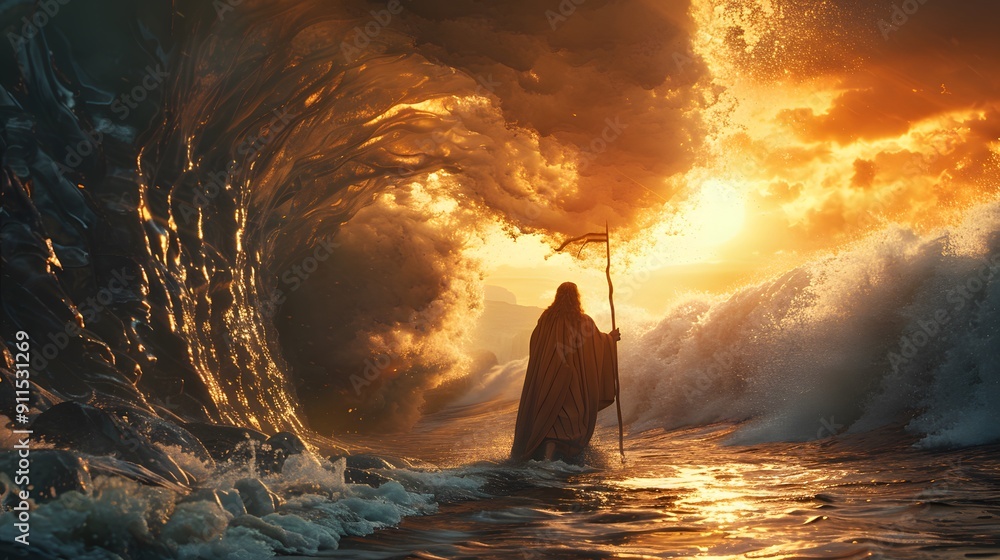 An epic moment of Moses' staff touching the Red Sea, causing it to ...