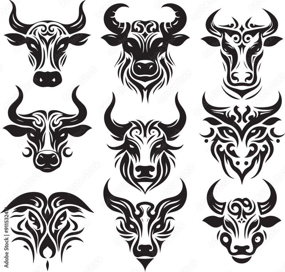 head of a bull Cow face set silhouette, tribal tattoo vector white ...