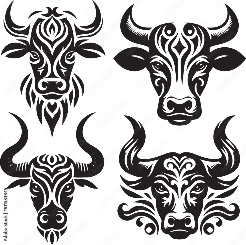 head of a bull Cow face set silhouette, tribal tattoo vector white ...