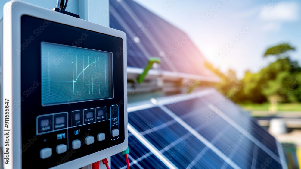 Solar panel monitor displaying energy metrics in a bright, sunlit ...