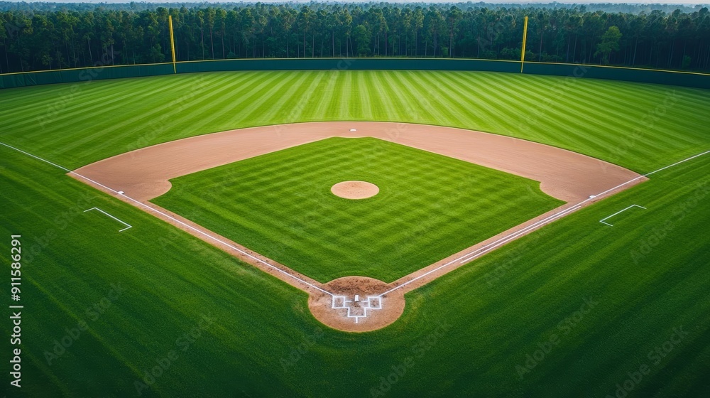 Aerial view of a baseball field with distinct infield lines and lush ...