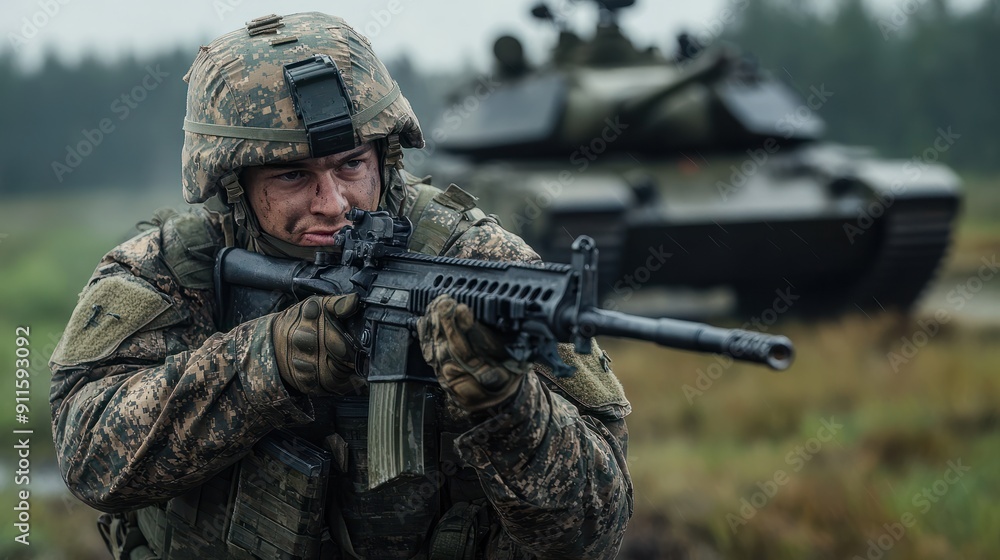 military US army soldier hold machine gun near tank Stock Photo | Adobe ...