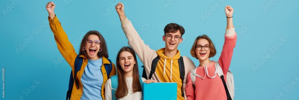 The image shows a diverse group of happy students celebrating success ...