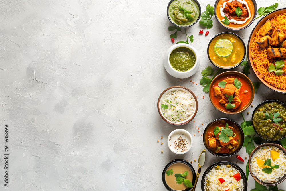 indian ethnic food buffet on white concrete table with copy space, top ...