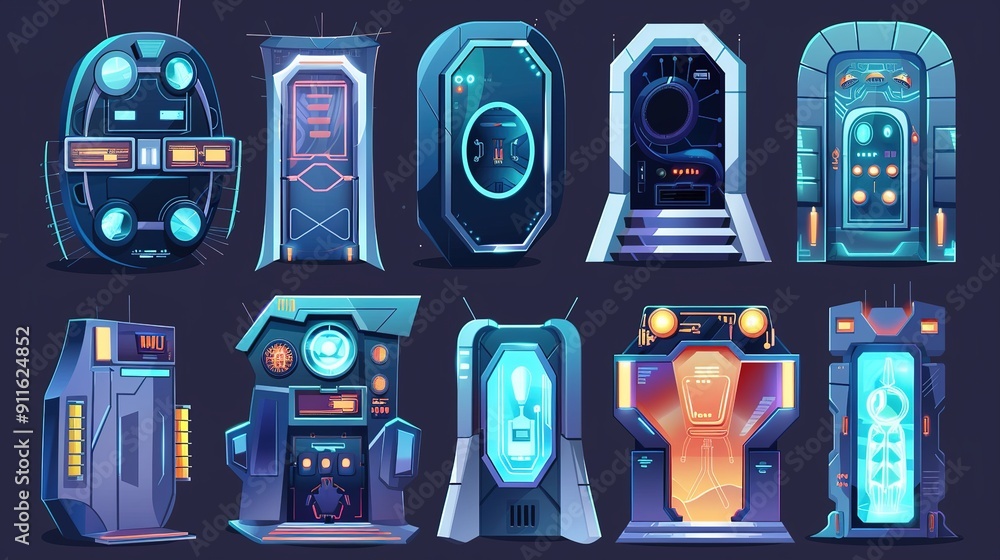 Cartoon spaceship futuristic gates. Closed and open alien cosmic ship ...