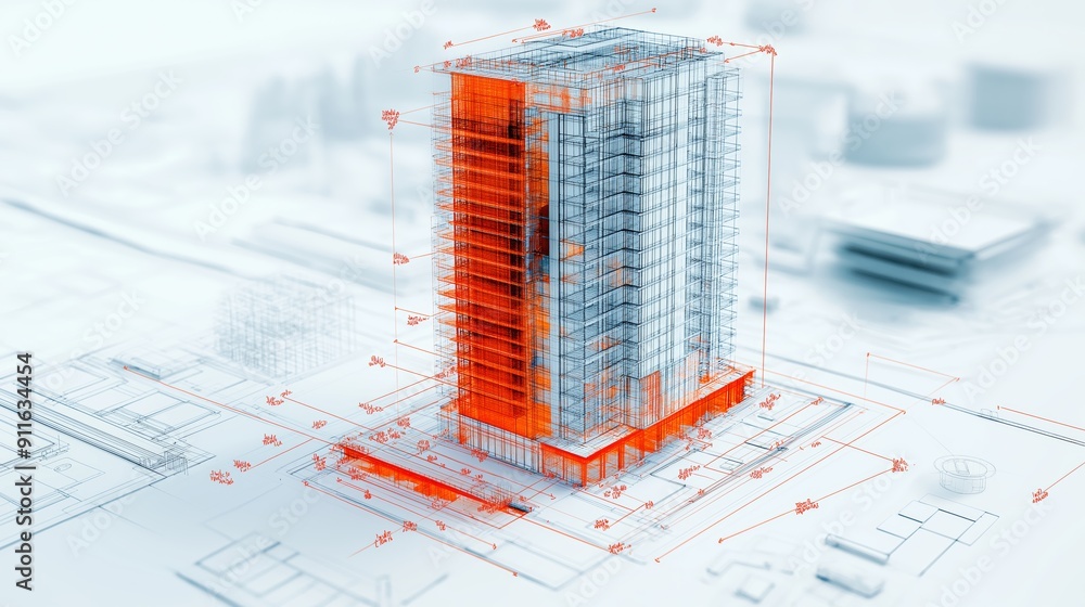 Architectural design featuring a high-rise building blueprint with a 3D ...