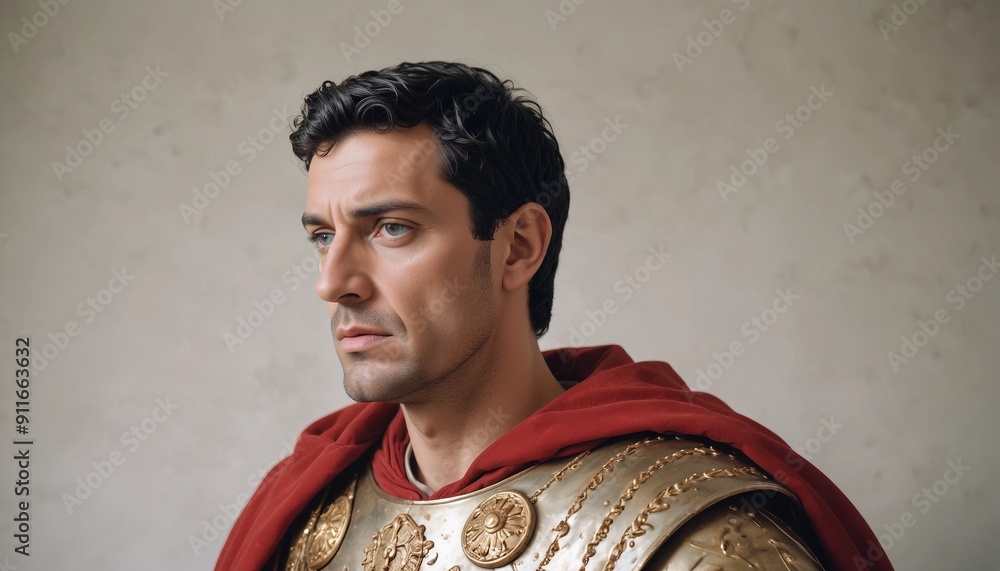 portrait of a male Roman emperor with a stern expression, wearing ...