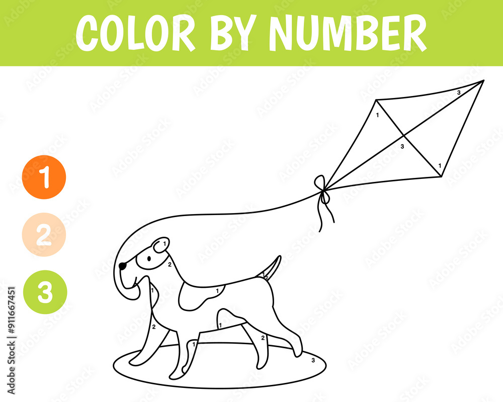 Color by number game for kids. Cute dog with kite. Pet coloring book ...