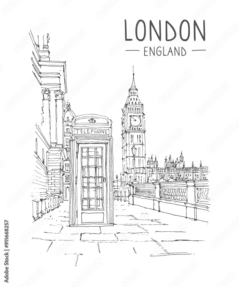 Bigben and telephone booth in London. Vector architecture sketch ...