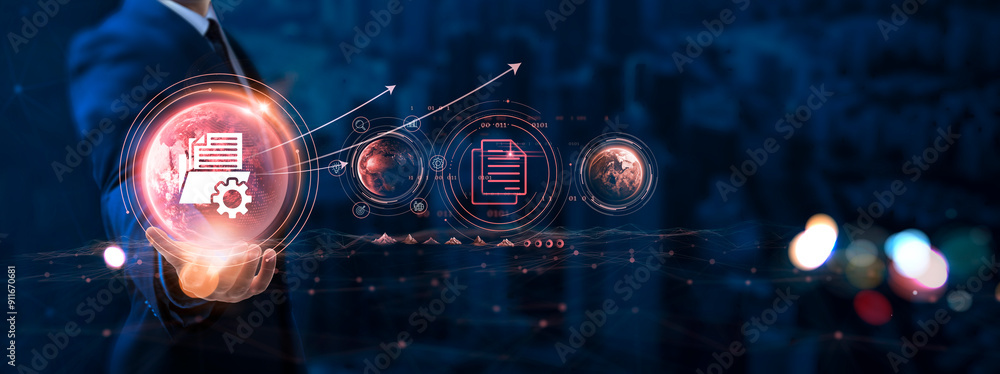 Document Management: Businessman hand holding globe with network ... Document Management: Businessman hand holding globe with network ...