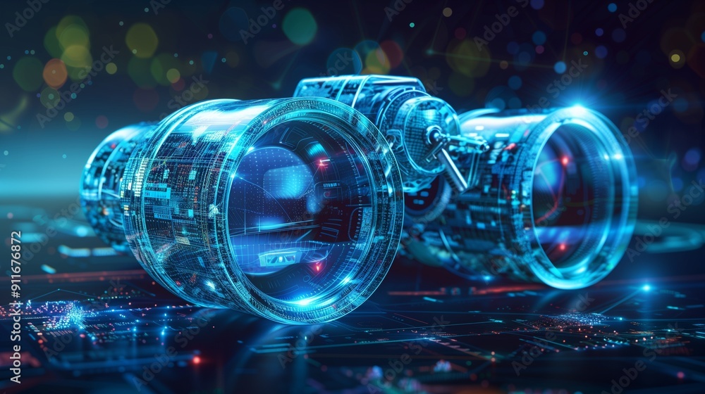 digital blue binocular with data streams, ai in visual recognition ...