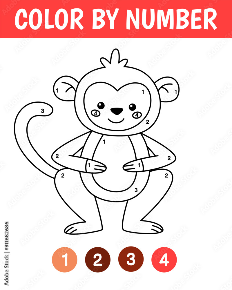 Color by number game for kids. Cute monkey. Animal coloring book ...