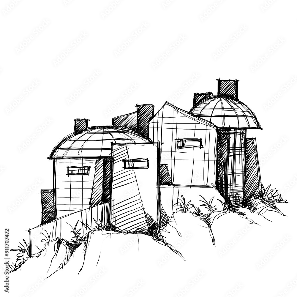 Architecture sketch of building, hand drawn architectectural sketch ...