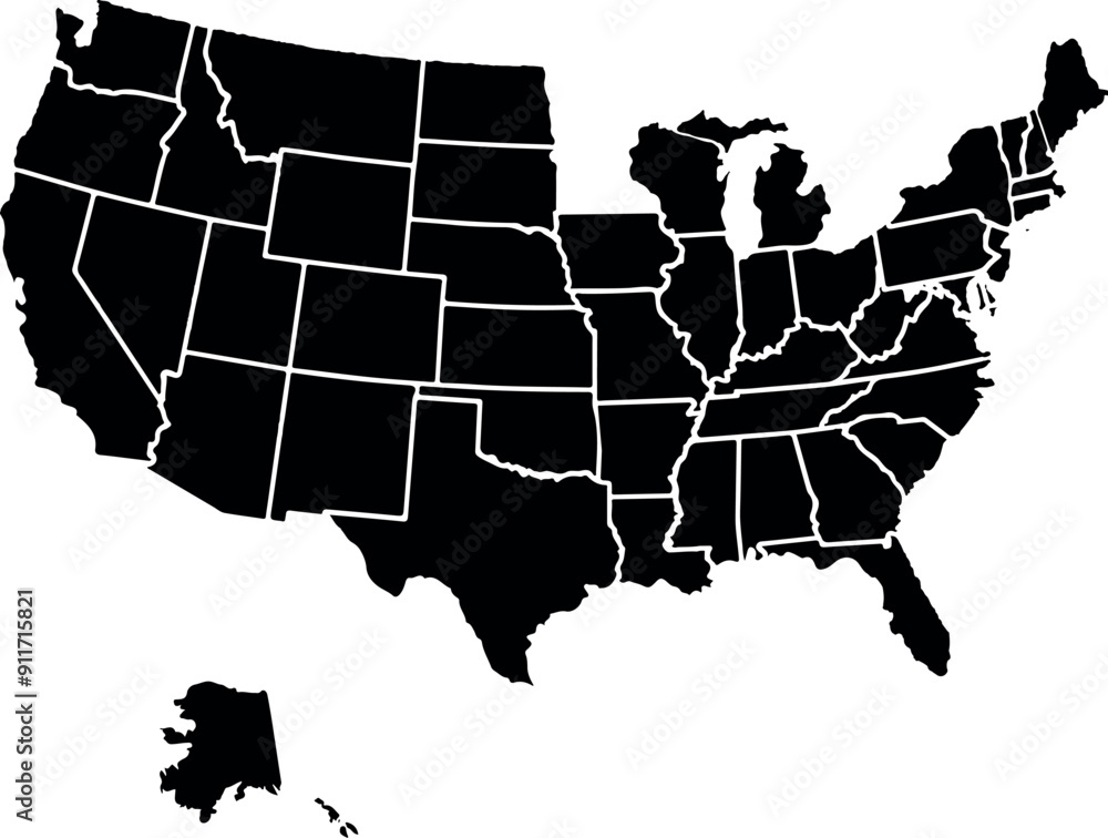 USA map with states isolated on a white background. United States of ...