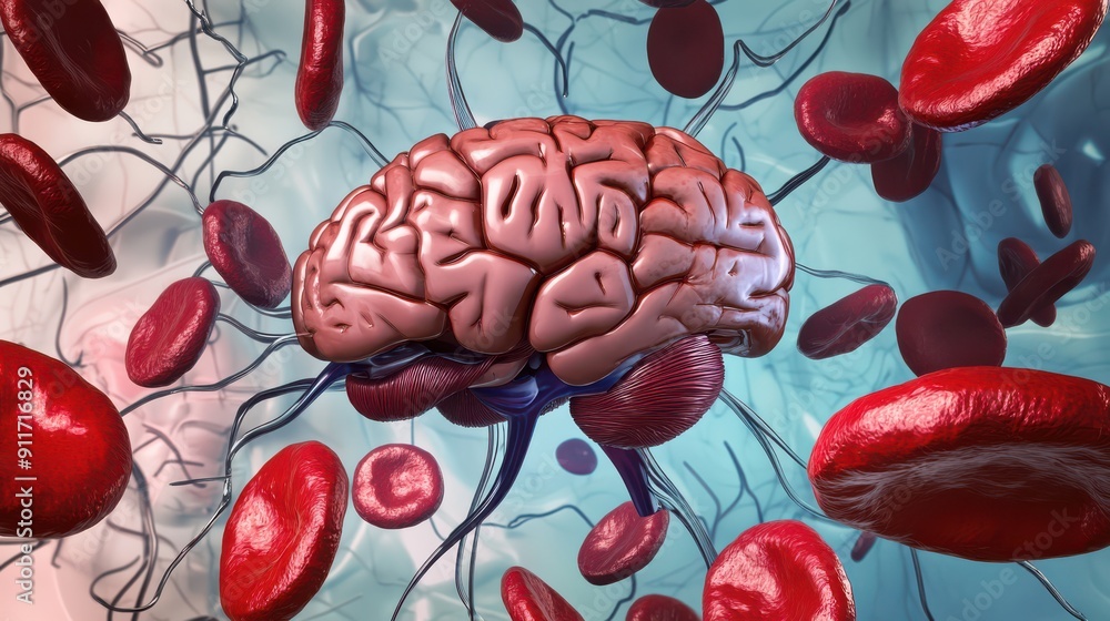 Detailed 3D illustration of a human brain and vascular system with ...