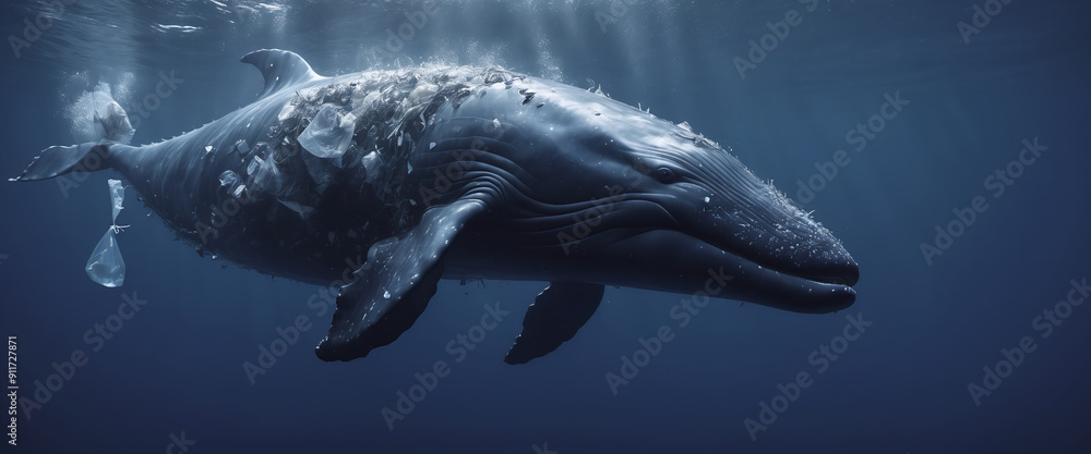 Whale in its natural habitat surrounded by man-made waste and plastic ...