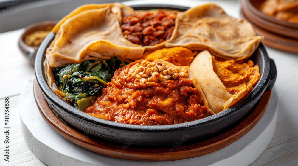 Traditional Ethiopian food Beyaynetu. This colorful platter features ...