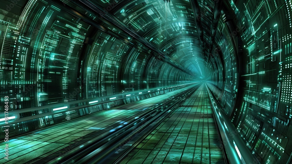 A high-tech tunnel illuminated by vibrant green lights and intricate ...