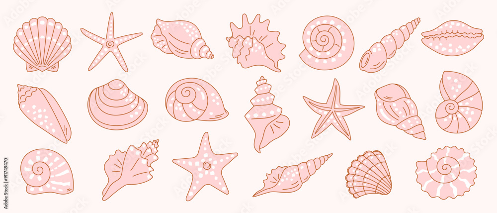 Set of seashells and starfish of different shapes and types. Vector isolated simple symbol icons ...
