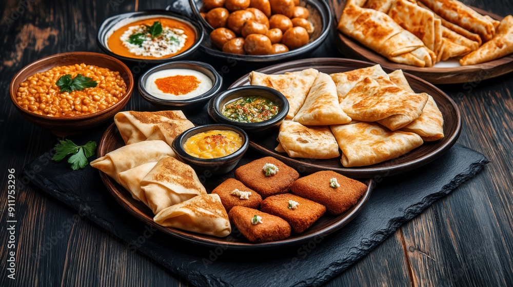 Traditional Indian food assortment with dishes like samosas, parathas ...