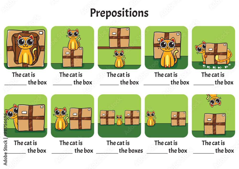 Prepositions with a cat as the model, english learning for kids, cute ...