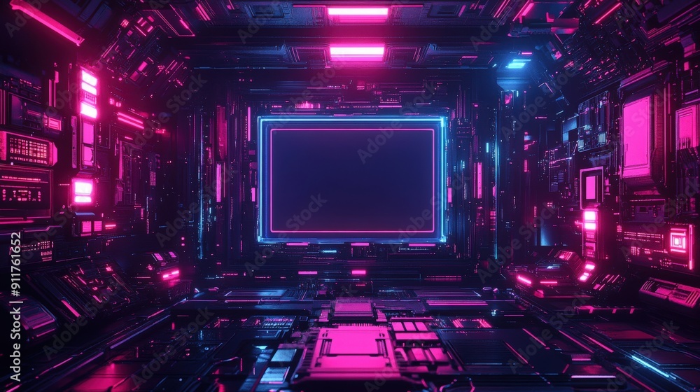 Cyberpunk style content template with a blank center, framed by neon ...