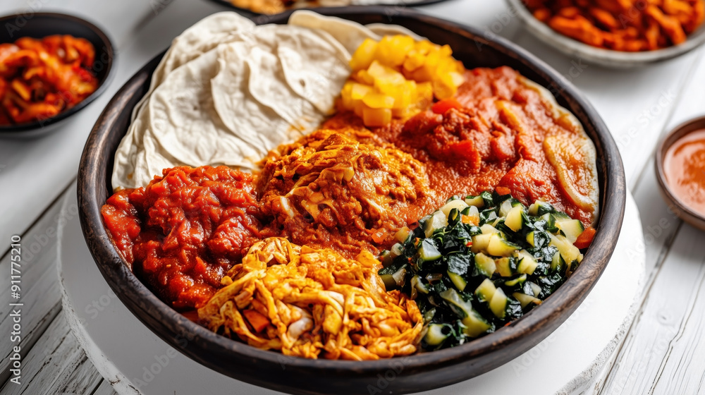 Traditional Ethiopian food Injera. This dish features flat, spongy ...