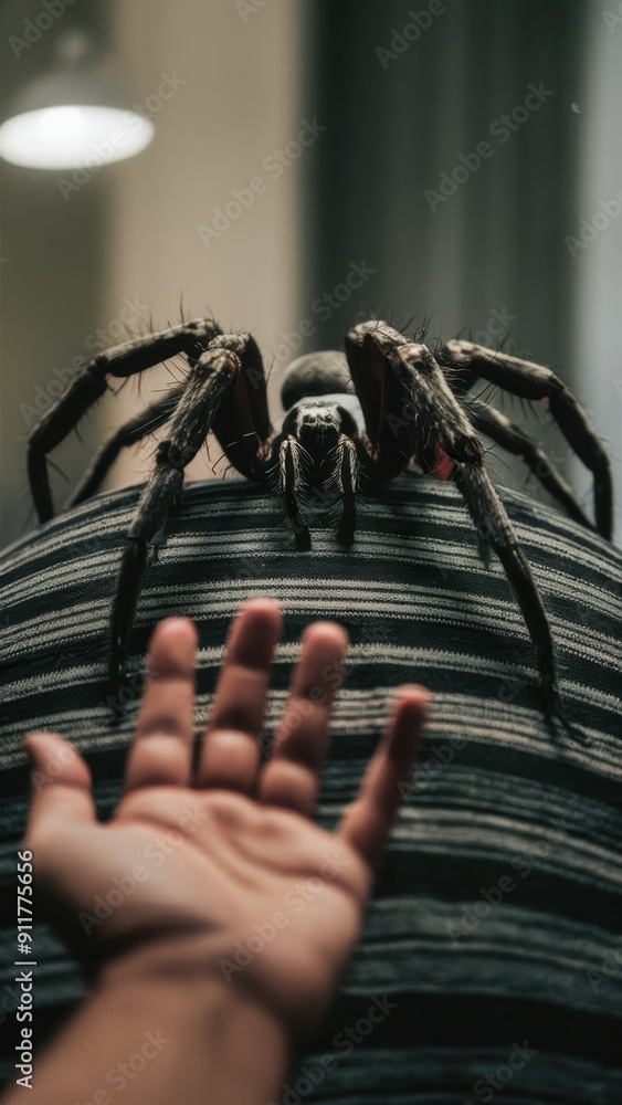 A hand reaching out to touch a large spider on the arm of a chair, AI ...