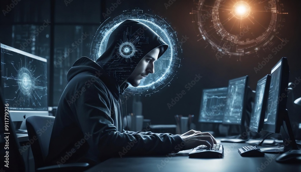 Side view of hacker at desk using computer with creative digital tech ...