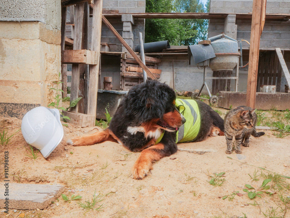 Cat walking by Bearnaise dog on a construction site. The dog is wearing ...