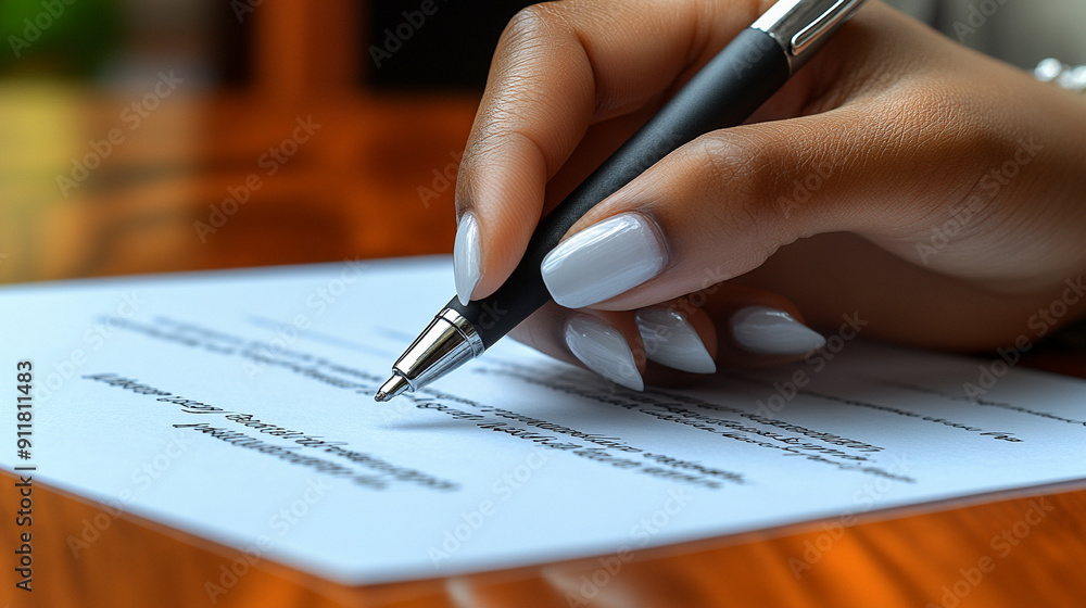 woman's hand signing a document, symbolizing agreement, commitment, and ...