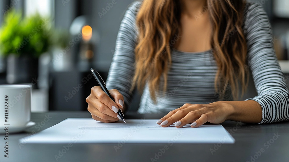 woman's hand signing a document, symbolizing agreement, commitment, and ...
