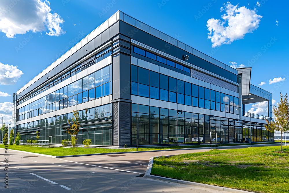 Modern corporate office building with sleek glass facade and lush green ...