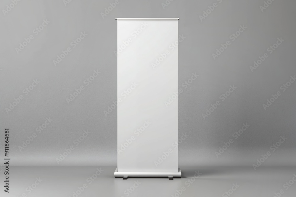 Isolated white empty roll up banner stand mockup on a light gray ...