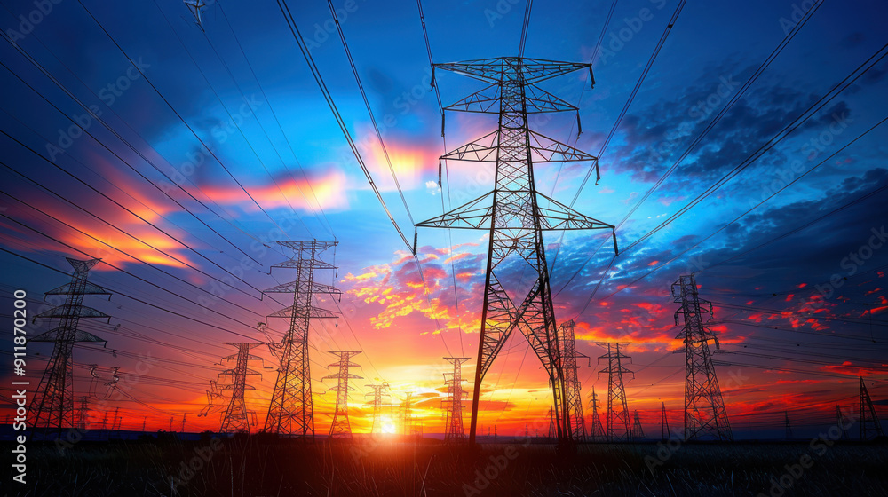 Stunning sunset with high voltage power lines silhouetted against a ...